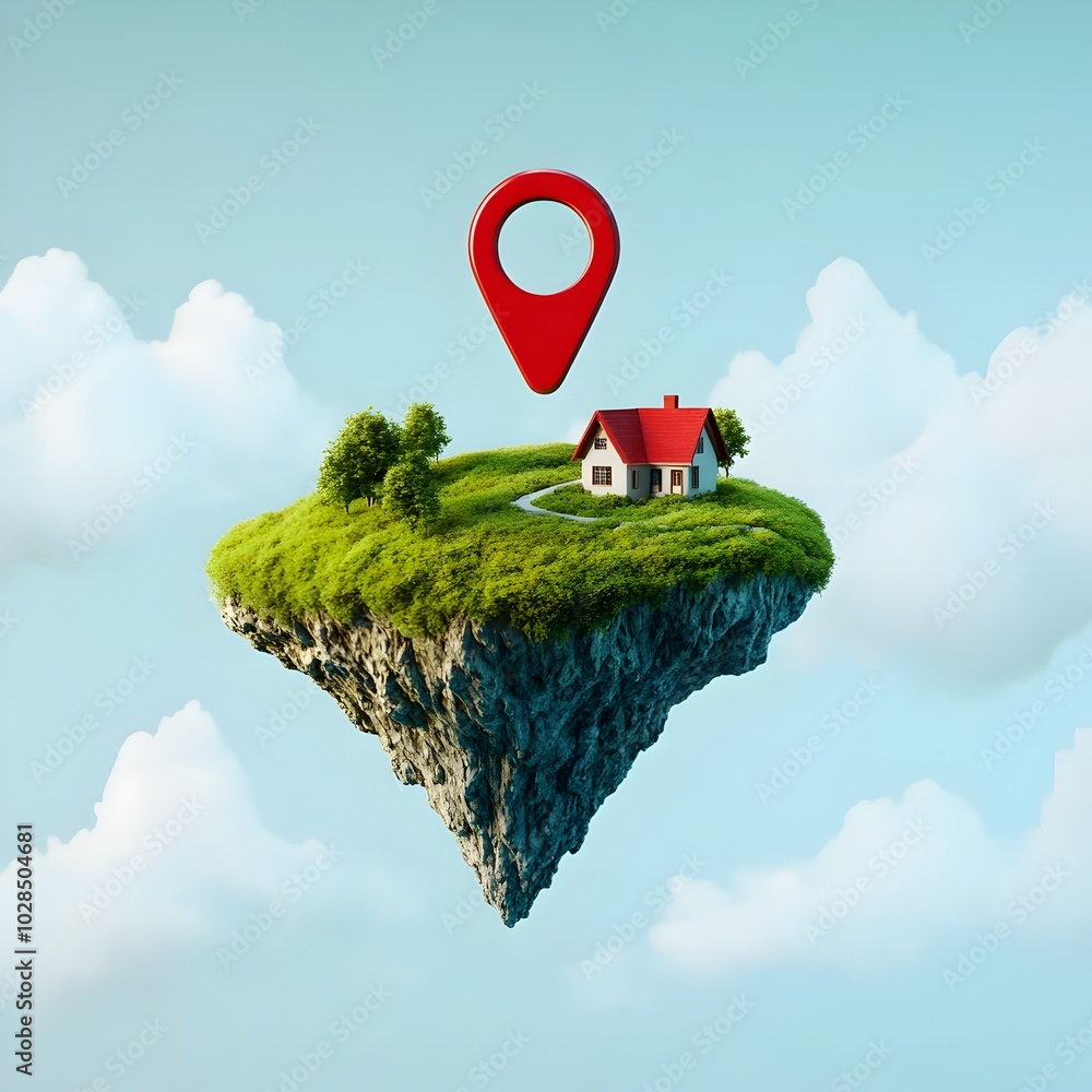 Floating Island with Red Location Marker and House Symbol in 3D ...