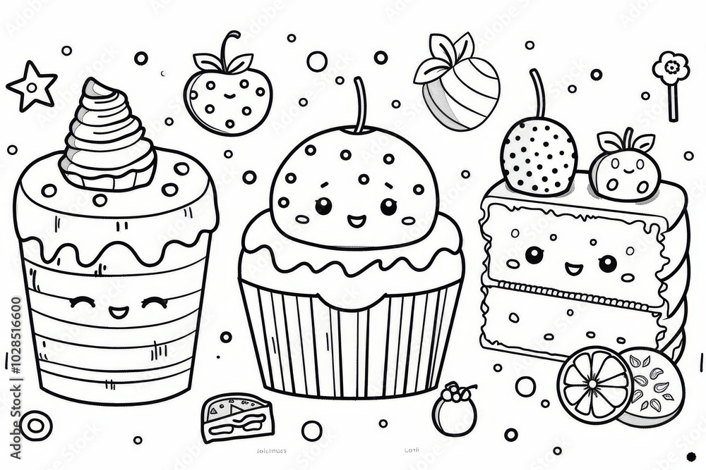 Kawaii-style coloring page for kids featuring cute pastries and cakes ...