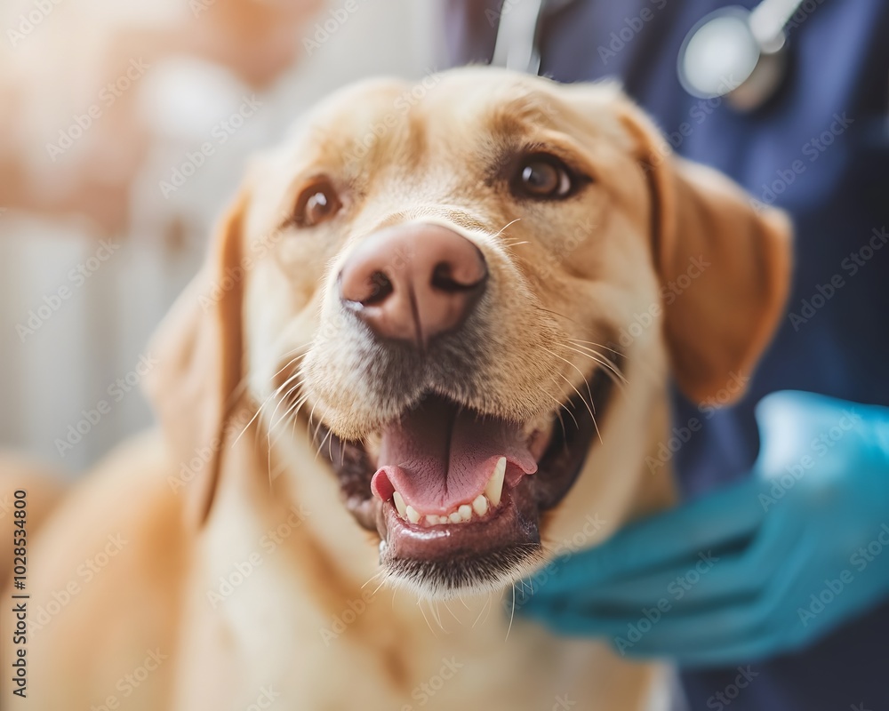 Happy Labrador dog with a cheerful expression at the vet, showcasing ...