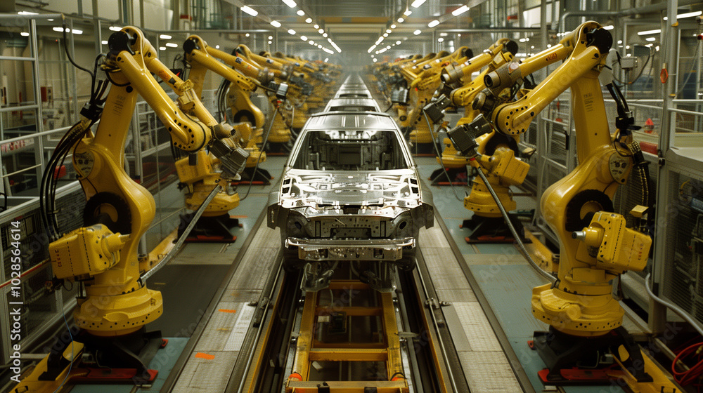 Automated assembly line with robotic arms manufacturing vehicles in a ...