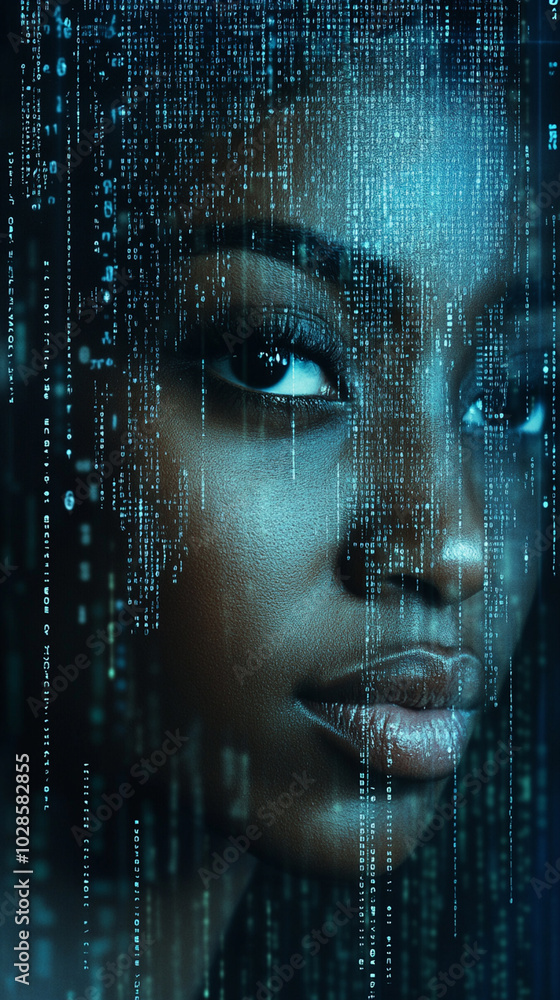 Cyberpunk portrait of vlack woman, double exposure, computer screen ...