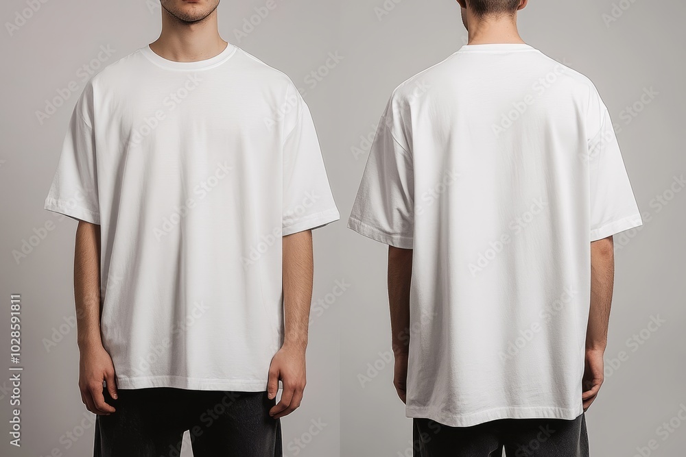 Oversized white T-shirt mockup front and back view on a male model ...