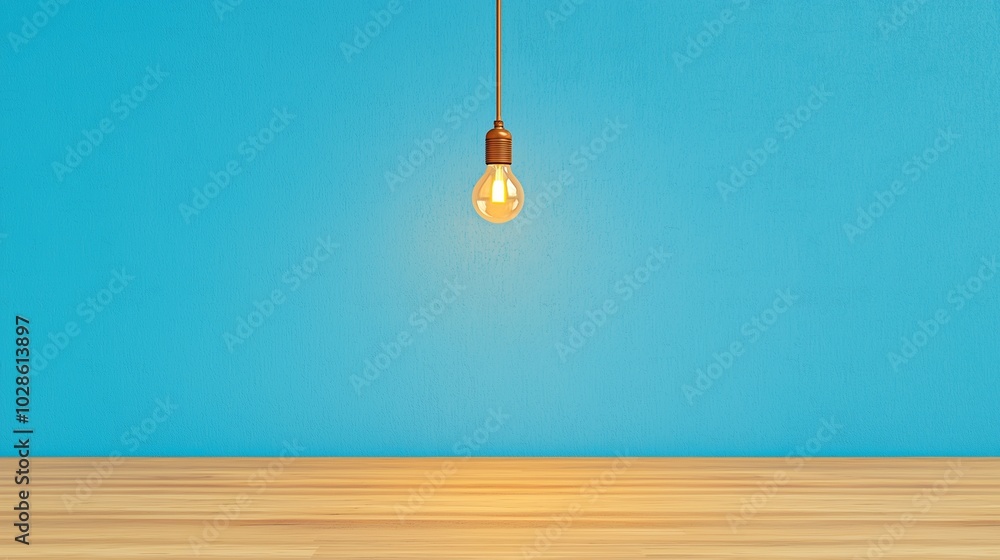 An empty office desk with a single flickering light bulb overhead ...