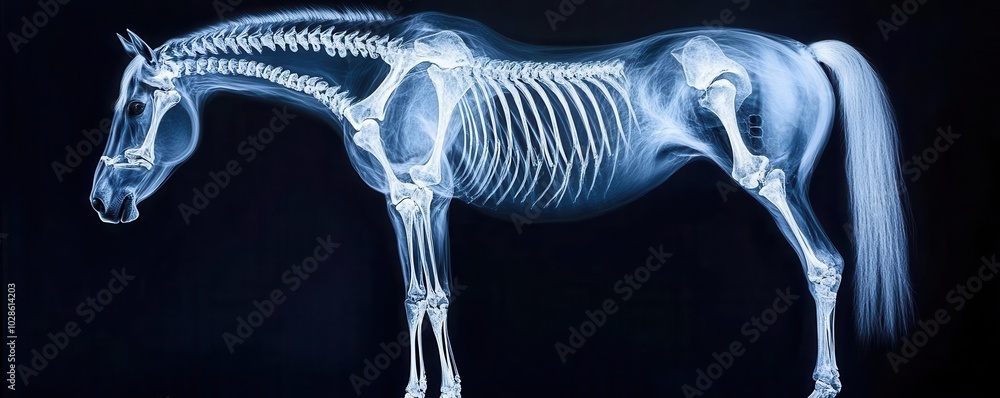 Glowing X-ray of a horse showing detailed skeletal framework and long ...