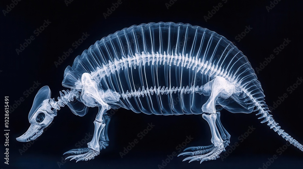 Glowing X-ray of an armadillo's skeleton, showing unique bone structure and shell details ...