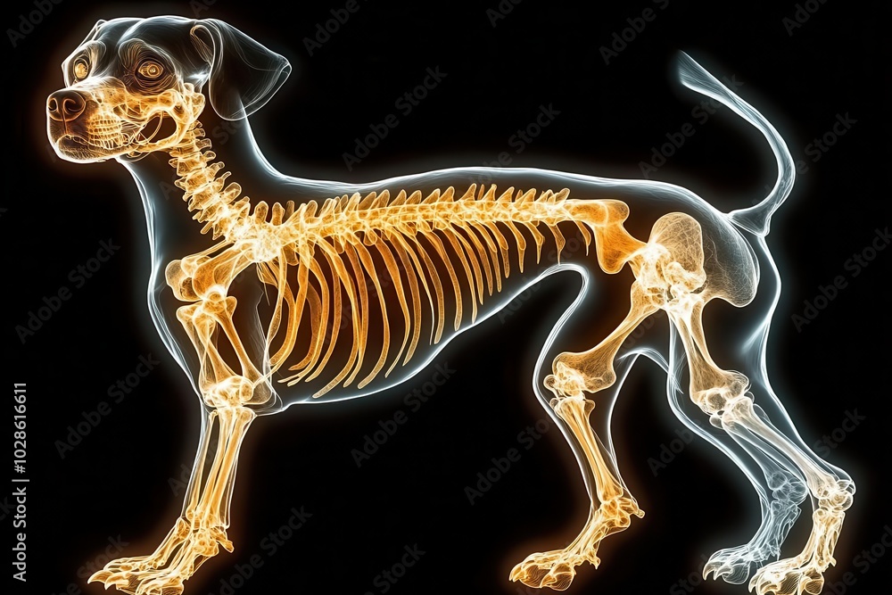 Radiant X-ray of a dog's skeleton, glowing bones showing detailed ...