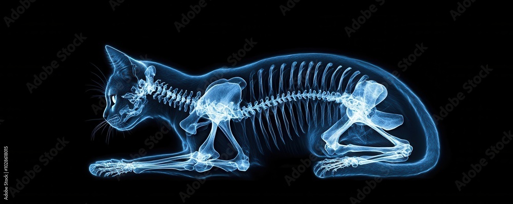 X-ray image of a cat s glowing skeleton, intricate bone structure ...