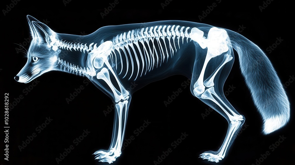 X-ray image of a fox's glowing skeleton, showing detailed bone ...