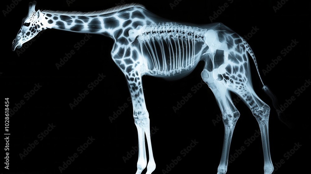X-ray image of a giraffe's glowing skeleton, showing long neck bones ...