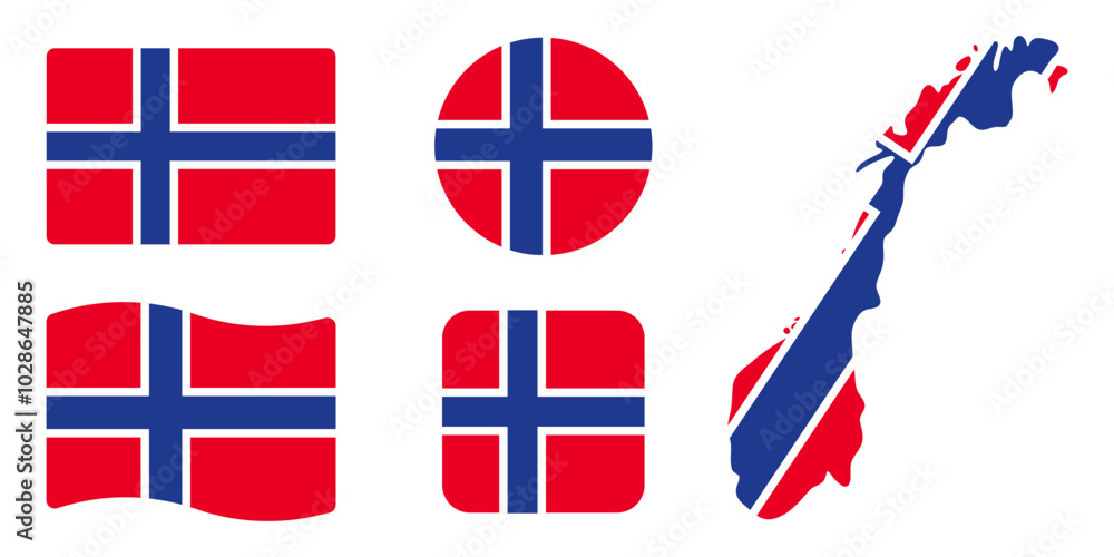 Norway flag symbols set. Blue cross on red background . Round, square ...