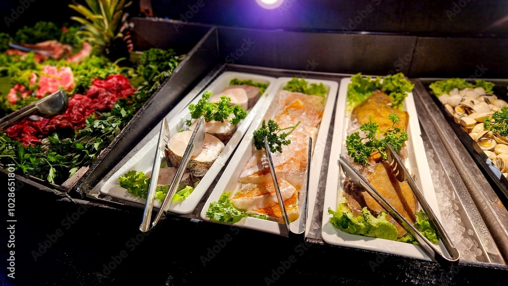 Des pièces de poissons et de viandes pour grillades dans un restaurant ...