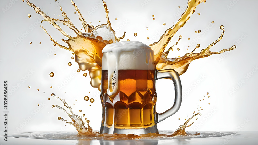 Beer Splash: A refreshing beer mug explodes in a burst of golden liquid ...