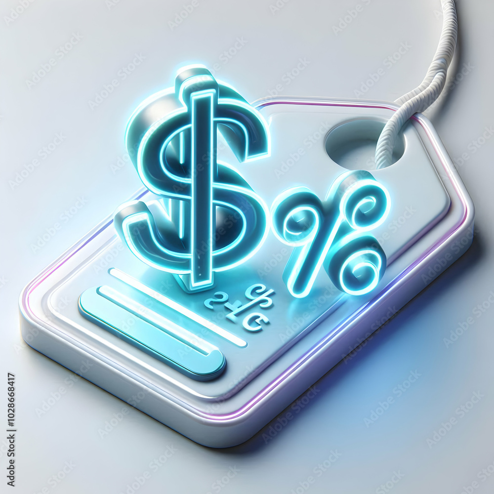 3D Price Tag with Holographic Dollar and Percentage Icons on Glossy ...
