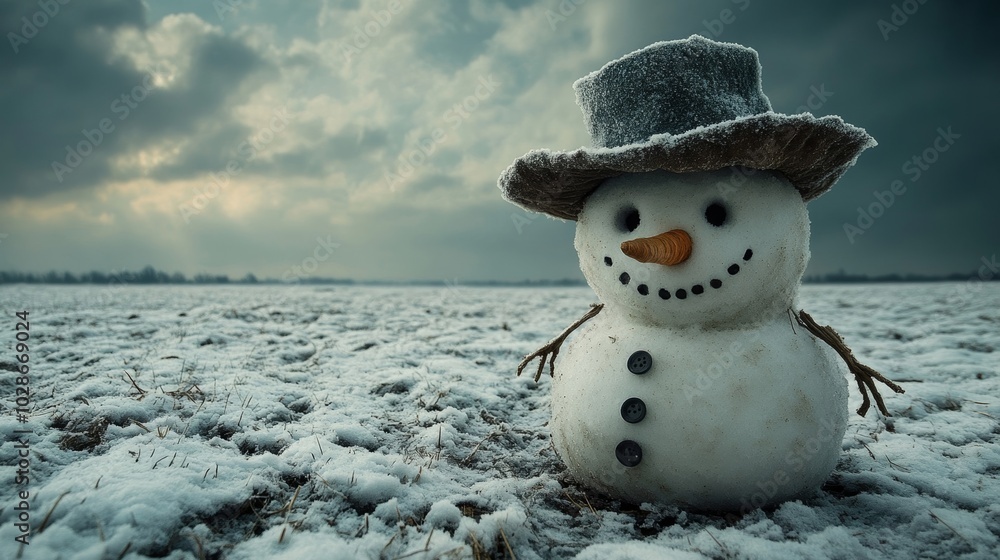 Snowman with his hat blowing off in a gust of wind, standing alone in ...