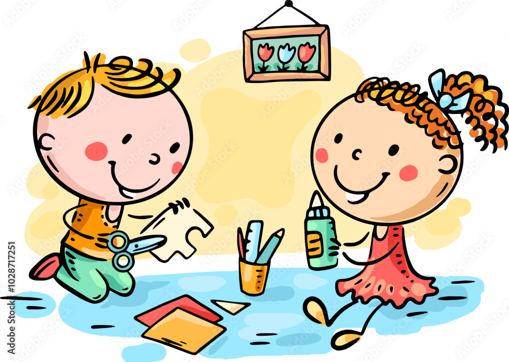 Cartoon two kindergarten kids crafting together. Preschooler children ...