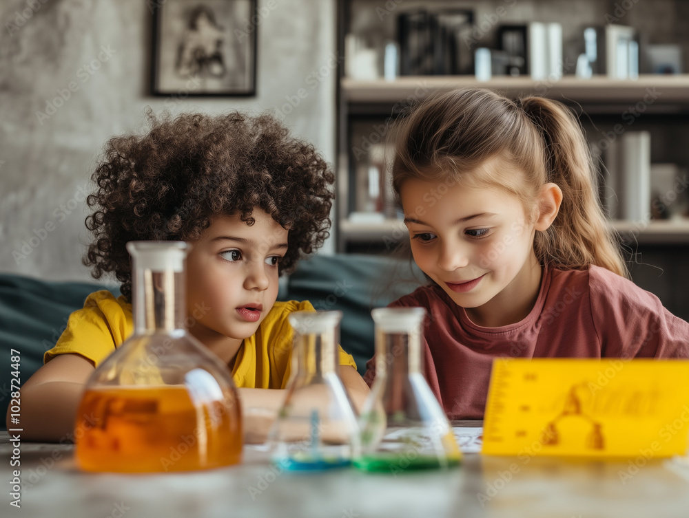 Siblings working together on a science project, cooperative learning.A ...