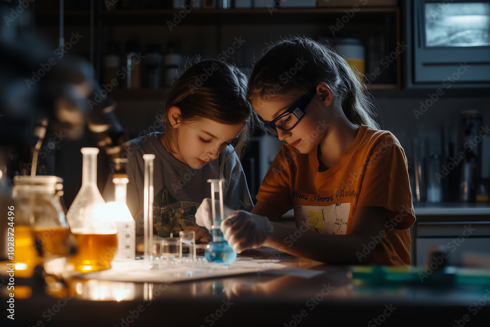 Siblings working together on a science project, cooperative learning ...