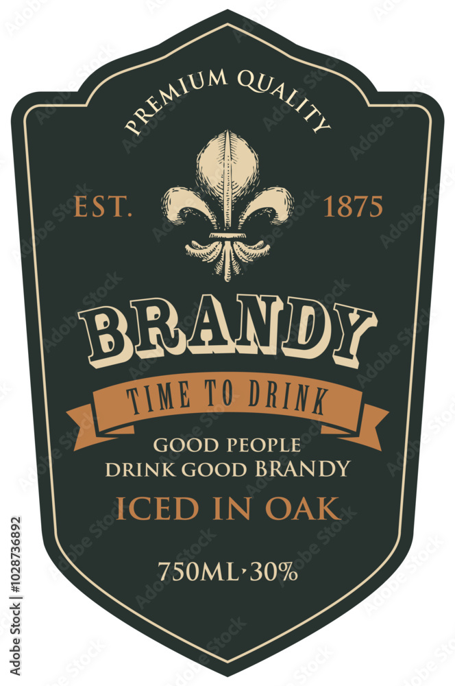 Monochrome vector label for brandy for bottle with fleur de lis on a ...