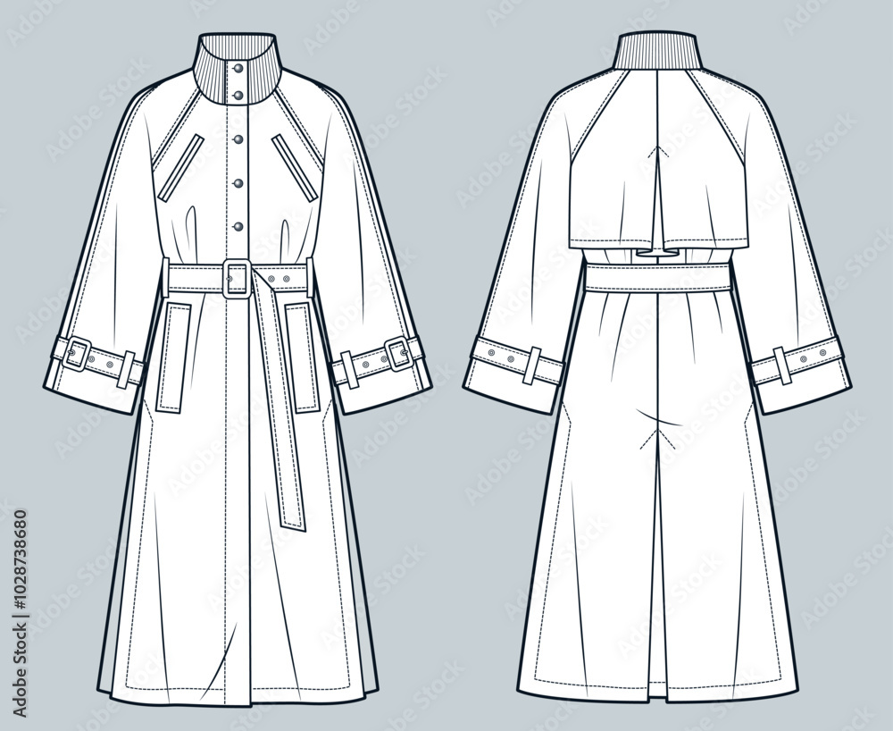 Trench Coat technical fashion Illustration. Raglan Sleeve Coat fashion ...