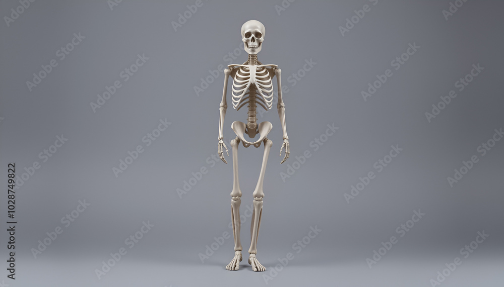 Grey skeleton standing on one leg, human anatomy model for medical ...