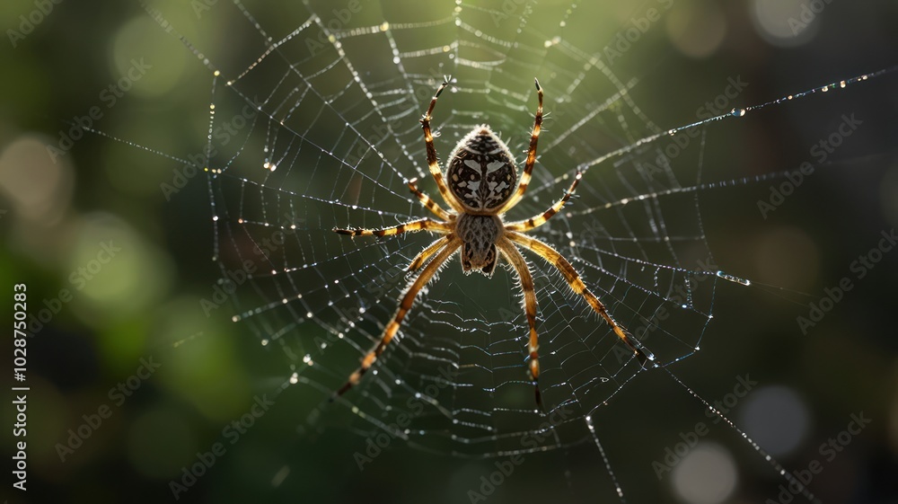 A large spider web stretches between two trees in a dense forest ...