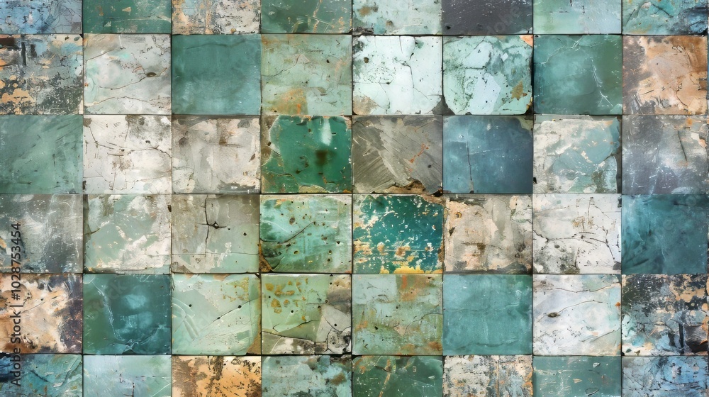 Vintage green grunge patchwork tile design with worn concrete and ...