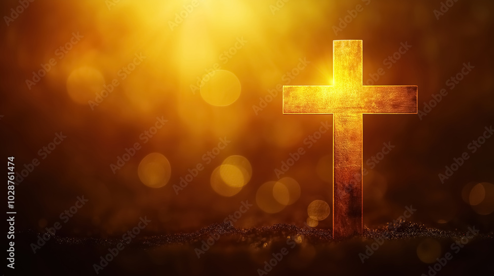 A shining gold cross on a warm, fuzzy background Stock Photo | Adobe Stock