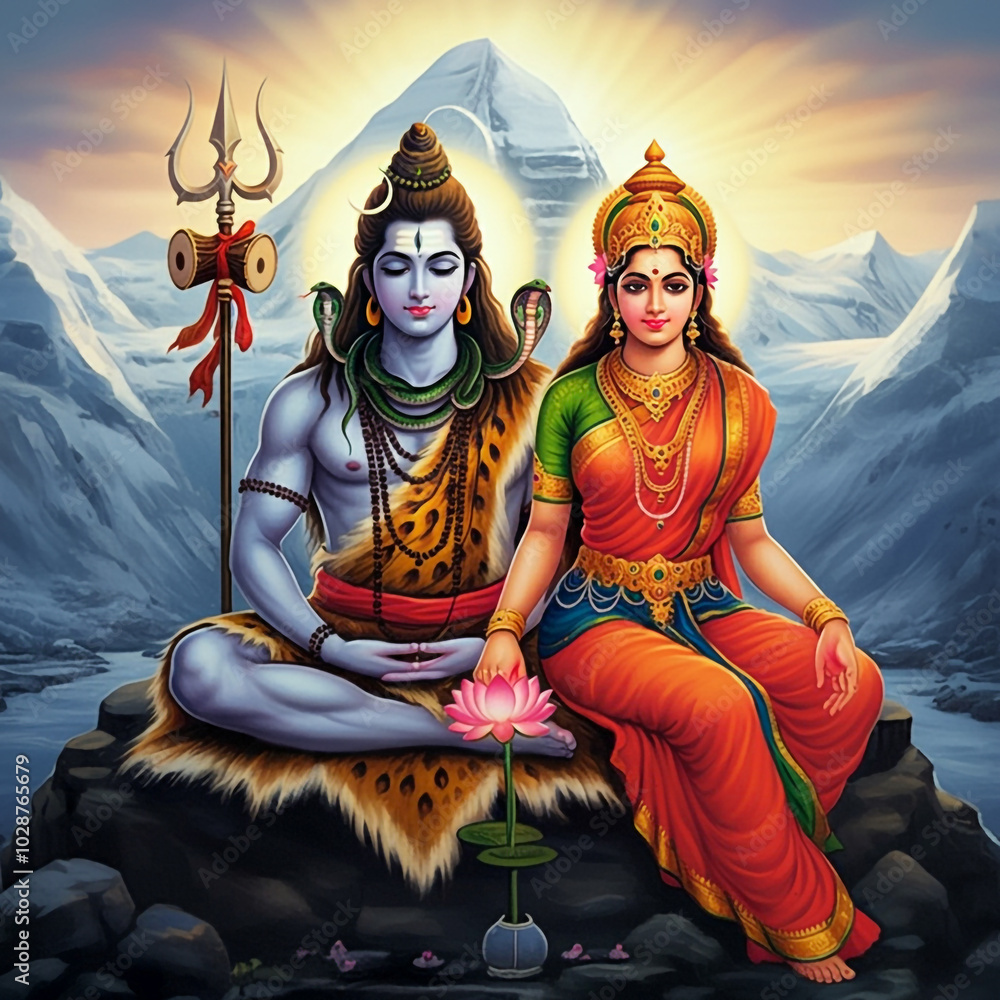 Lord Shiva and Goddess Parvati seated together on a mountain, with ...
