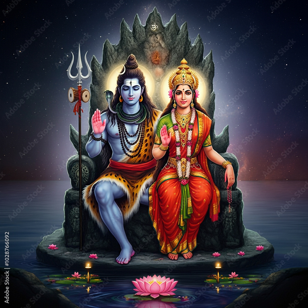 Lord Shiva and Goddess Parvati seated together on a throne, with Shiva ...