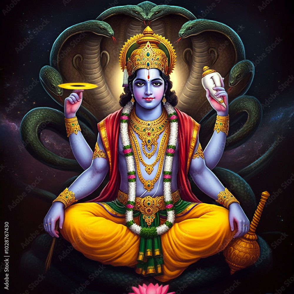 Lord Vishnu seated on the serpent Shesha, with multiple arms, holding ...