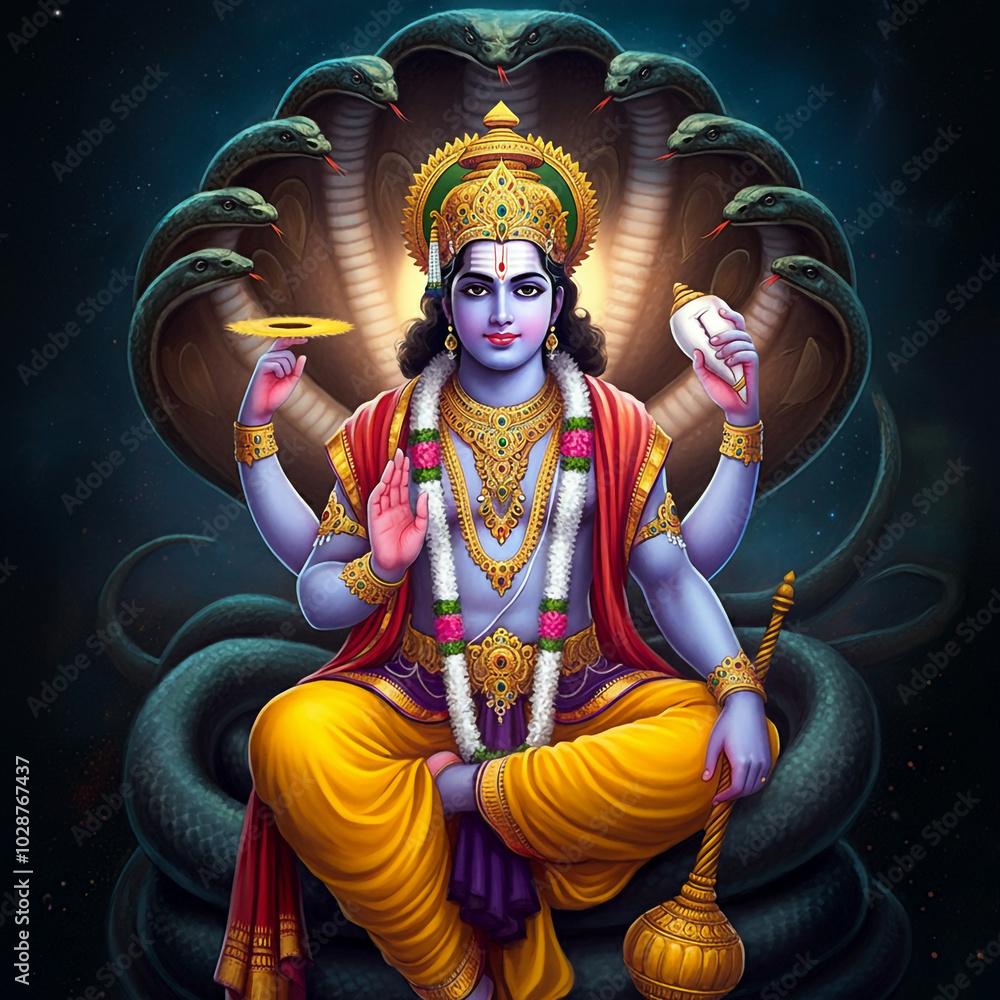 Lord Vishnu seated on the serpent Shesha, holding a discus and conch ...