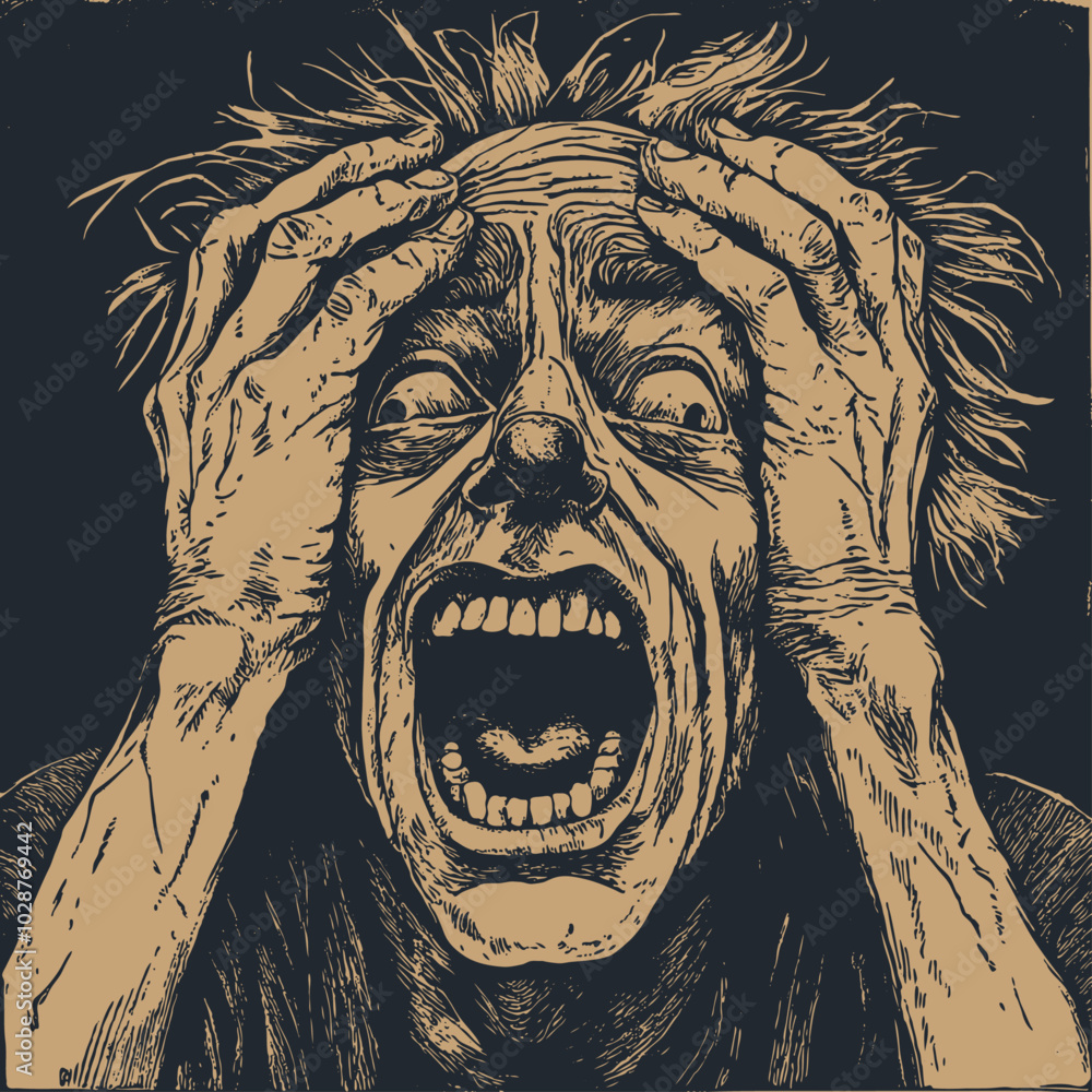 Crazy clown screaming in horror, retro engraving style, vector ...