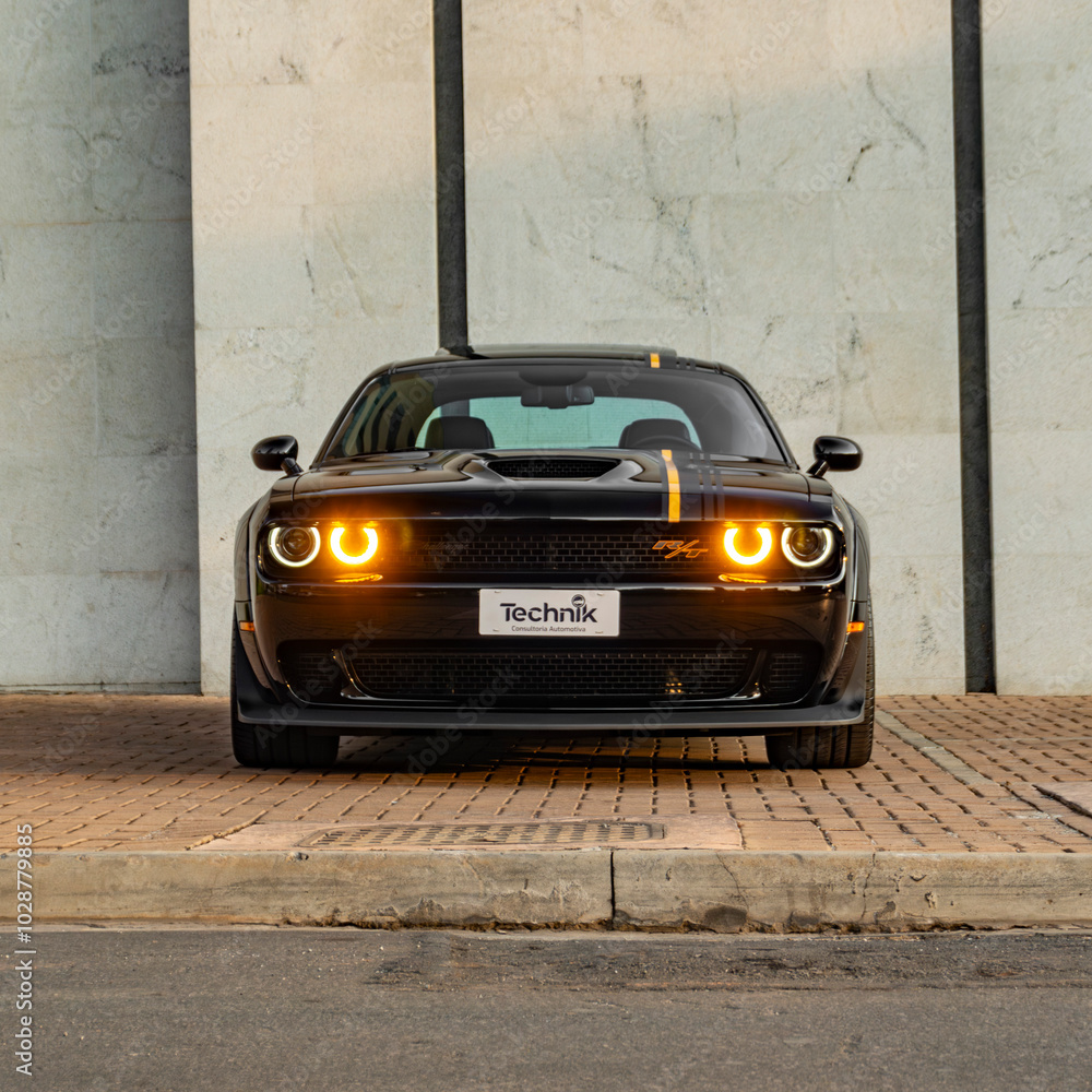 Black Dodge Challenger Front View, Sportscar external shot, High ...