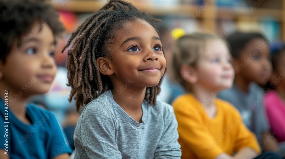 Elementary school students sit and listen to a story from their teacher ...