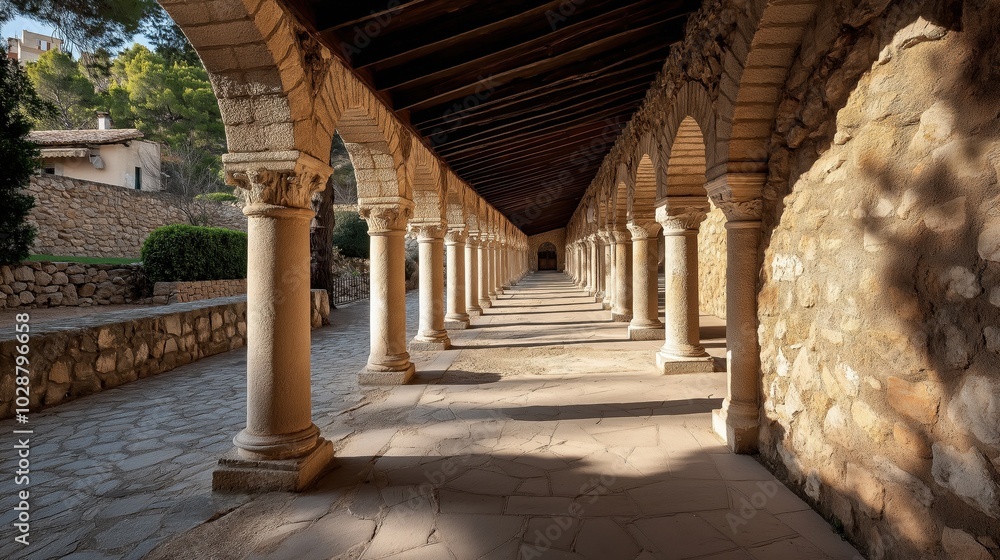 Stone archway colonnade with sandstone columns and arches in an ...