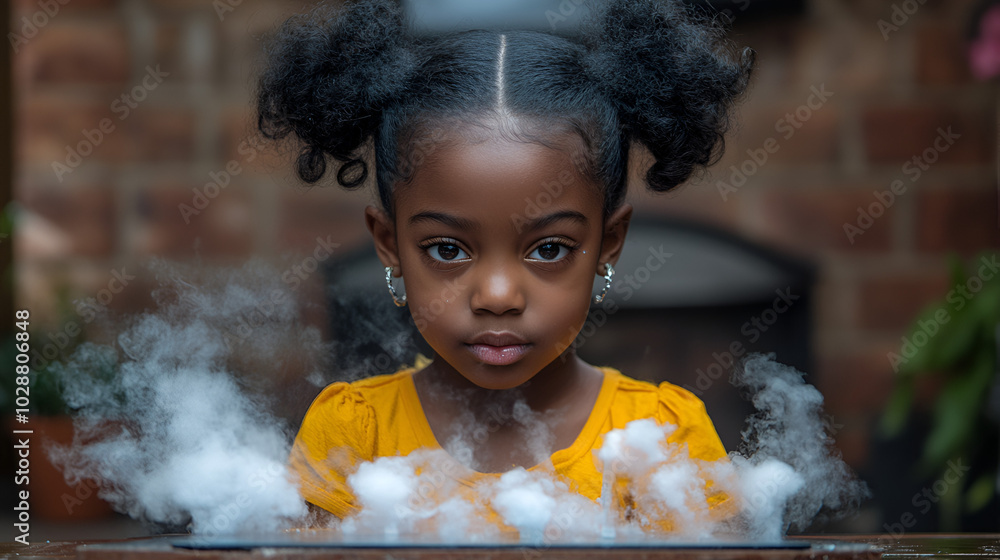 Young girl experiments with dry ice, creating fog effects in a cozy ...