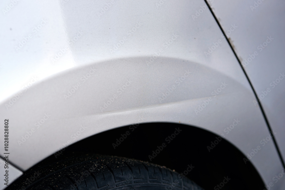 Car rear arch with visible paint damage and dent from side impact on ...