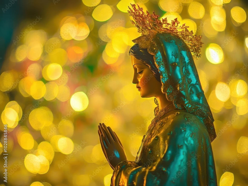 revered statue of our lady of aparecida surrounded by a glowing bokeh ...