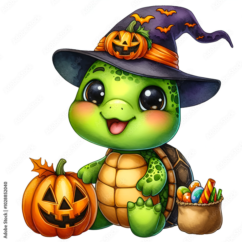 Watercolor Clipart of a funny Halloween baby turtle, isolated on a ...
