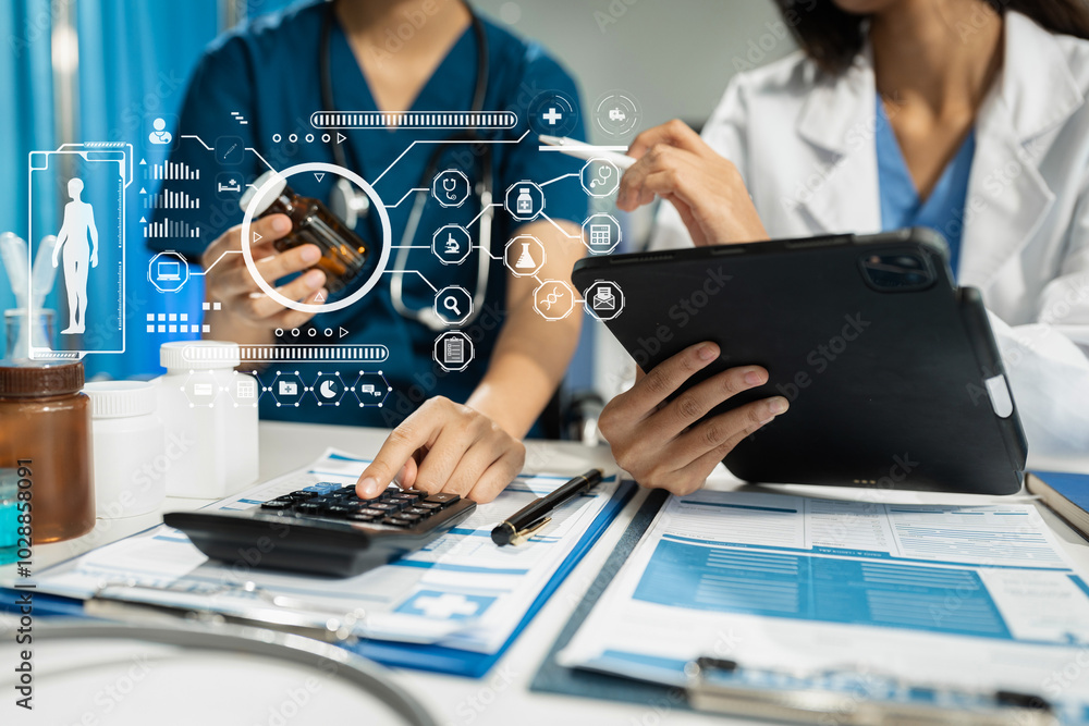Doctor hold tablet, conduct financial transactions with calculate ...