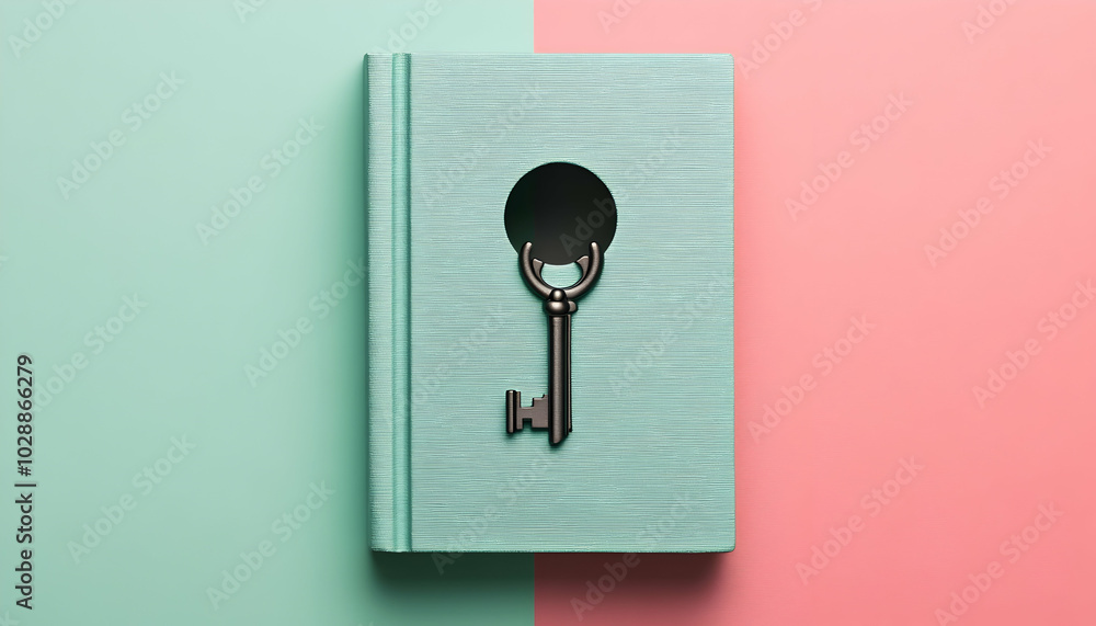 A book cover with a keyhole and key, isolated on a pastel green and ...
