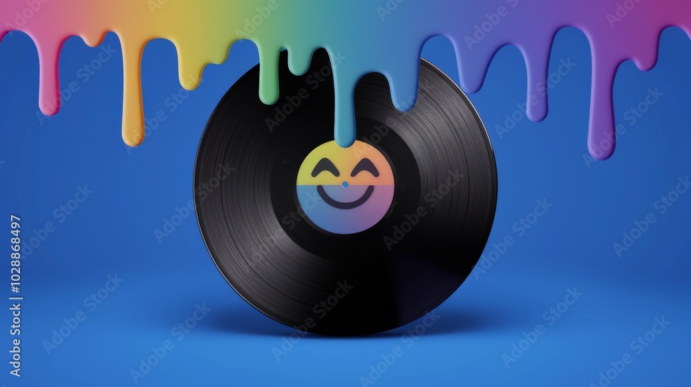 Vinyl record with smiley face, background with dripping colorful paint ...