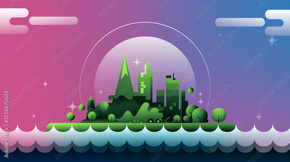 Green city skyline with a pink and blue gradient background, futuristic ...