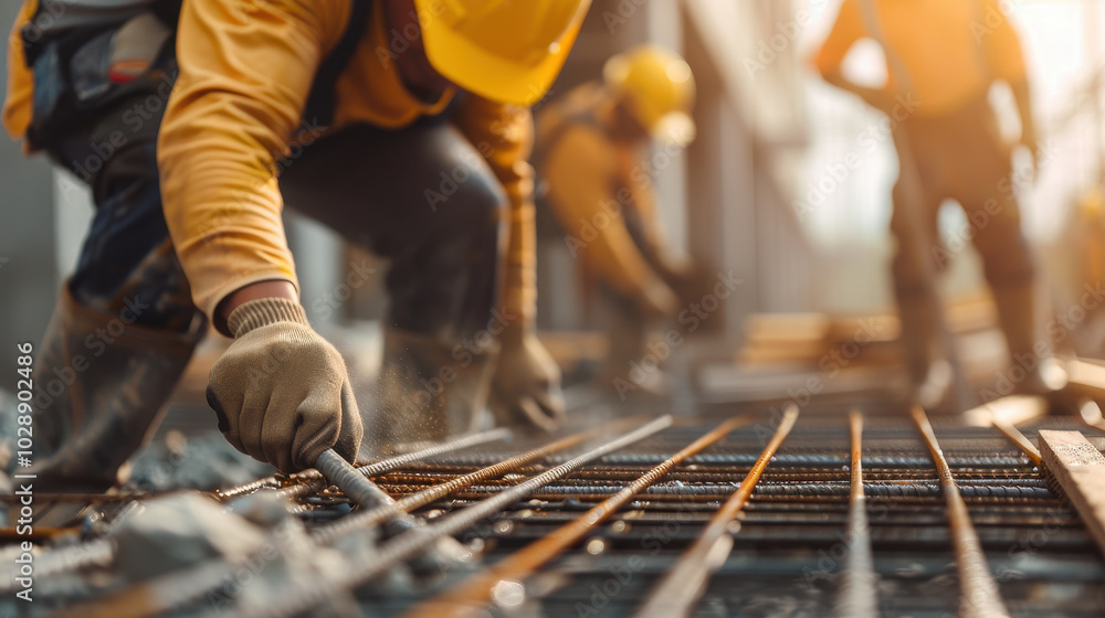 Construction workers are engaged in close up activity at construction ...