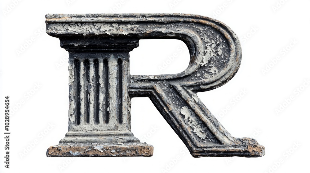 artistic letter R features an intricate antique column texture, exuding ...