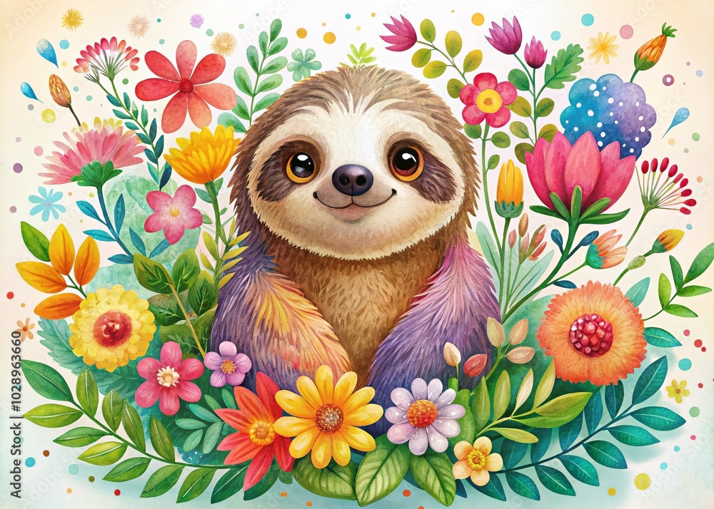 Happy Cute Funny Smiling Sloth Watercolor Illustration with Flowers for ...