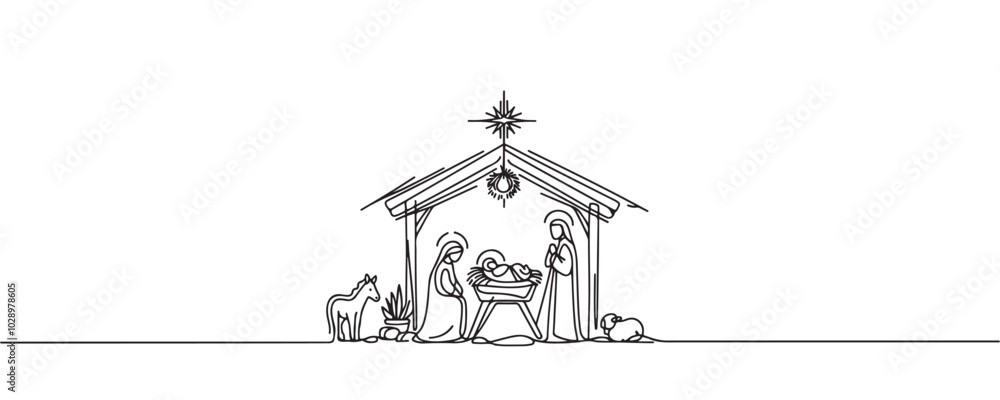Baby Jesus lying in a manger in a stable. Biblical nativity scene. One ...