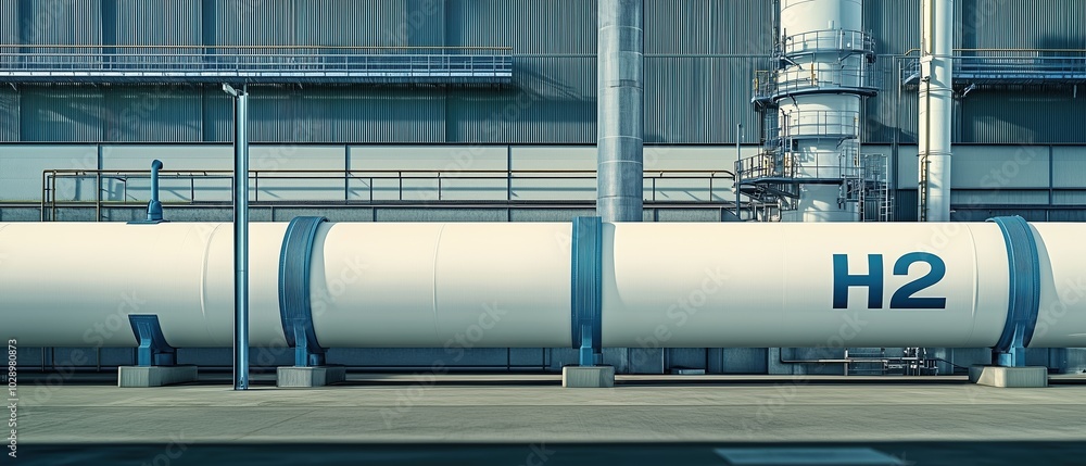 This high-fidelity image shows an industrial hydrogen pipeline ...