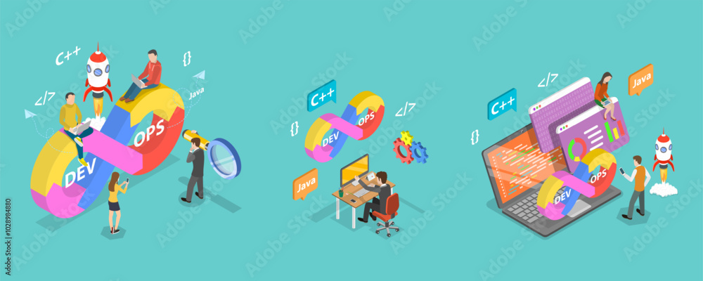 3D Isometric Flat Vector Illustration of DevOps, Streamlineing ...