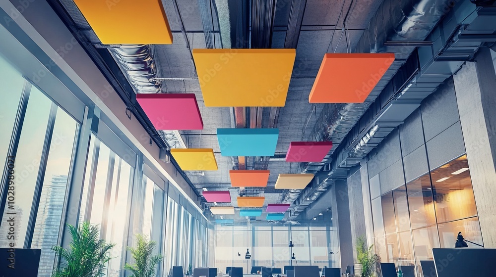 Acoustic ceiling sound absorb. Modern office interior with colorful ...